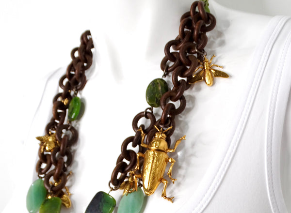 Erickson Beamon Costume Jade & Wood Chain Link Bug Charm Necklace ...