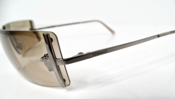 1990s Versace Medusa Brown Tinted Rectangular Rimless Shield Metal Sun ...